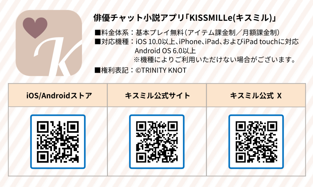 株式会社オルトプラスが株式会社トリニティノットと業務提携し、 俳優チャット小説アプリ「KISSMILLe（キスミル）」の 独占的共同運営パートナーとしてアプリ運営を開始。 新作としてアキシン ...